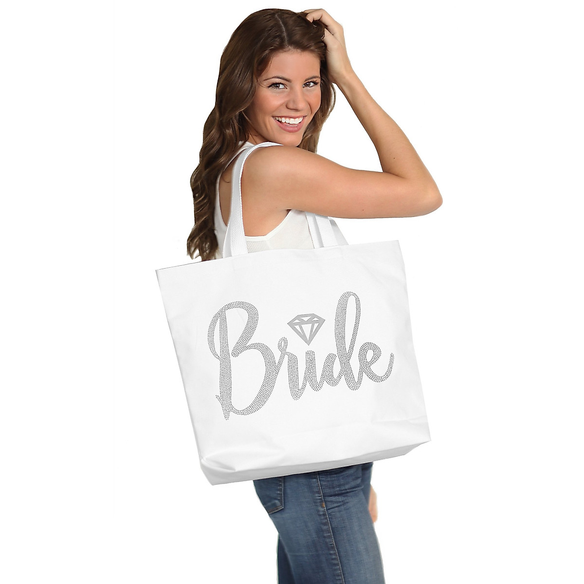 Bride Tote Bag, Bride Kit- Giant 18" x 14" Cotton Canvas White Totes with Diamond Motif Rhinestones, Engagement or Bridal Shower Gift & Accessories Bride Tote - White Tote(DiaBride RS) WHT