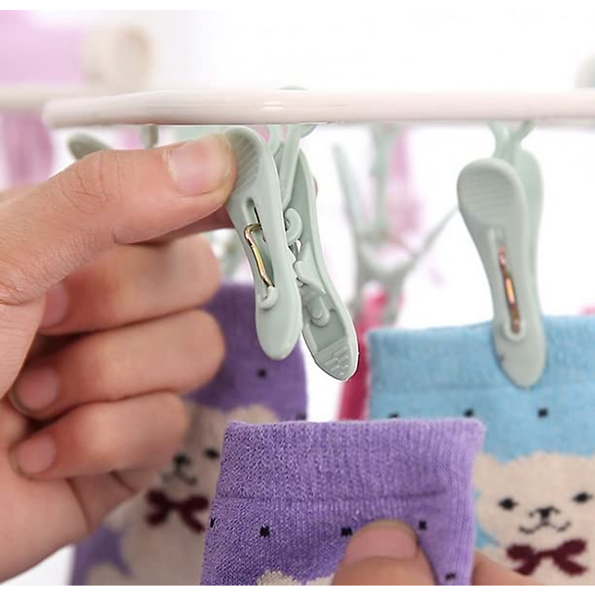 Ruoxian 2 Pieces Laundry Hanger Foldable Portable with Clips Drying Rack for Socks Lingerie Plastic Clothes Travelling (Purple+Green)