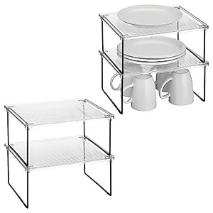 mDesign Metal Stacking Storage Organization for Kitchen Cabinet Shelves in Pantry, Cupboard, Fridge/Freezer - Organizer Stand for Plates, Bowls, Mugs, Ligne Collection, 4 Pack, Clear/Matte Black