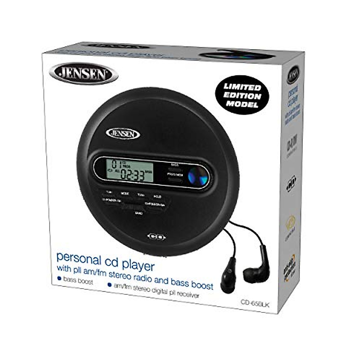 Jensen CD-65 Portable Personal CD Player CD/MP3 Player + Digital AM/FM Radio + with LCD Display Bass Boost 60-Second Anti Skip CD R/RW/Compatible Sport Earbuds Included (Black Limited Edition Series)