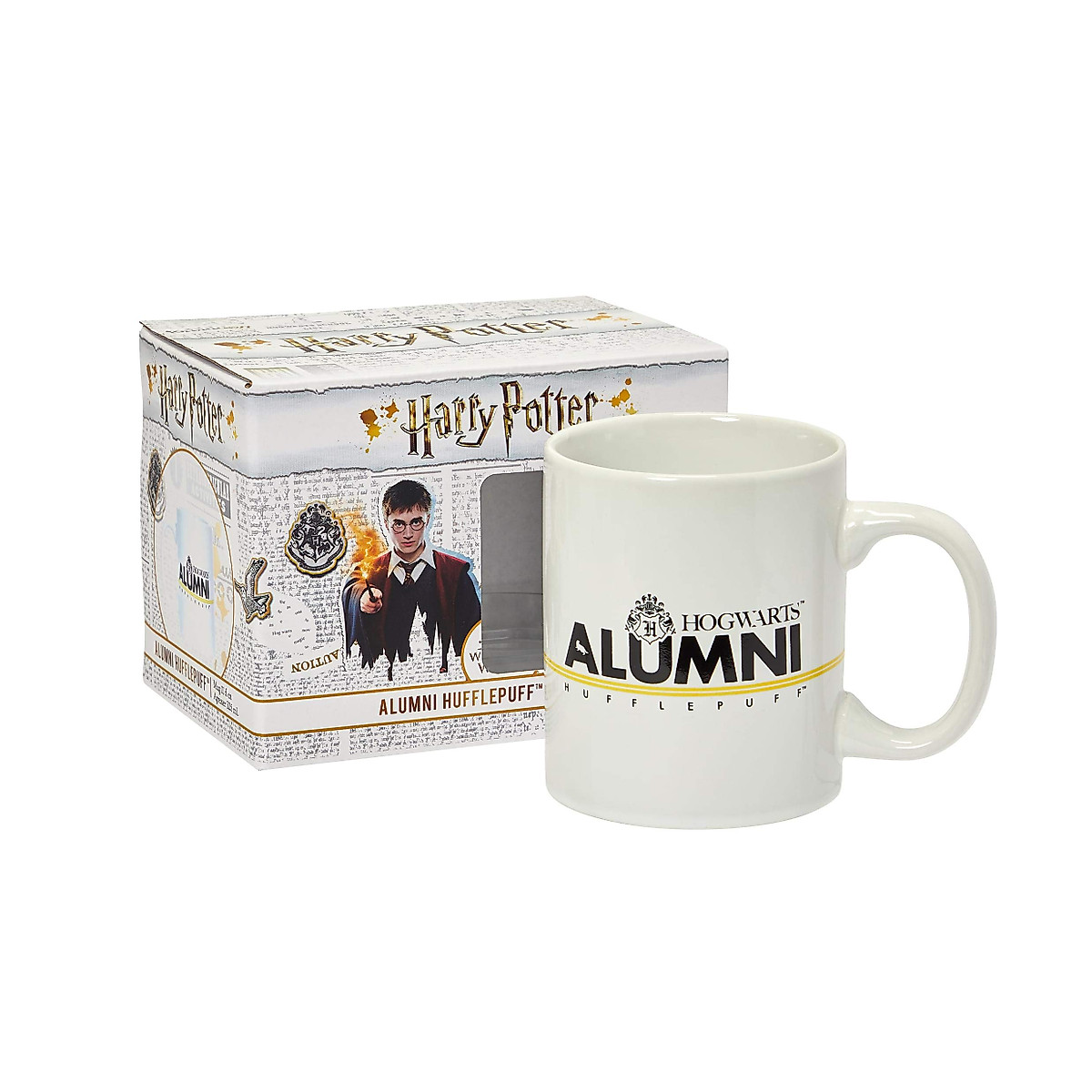 Harry Potter Hufflepuff Alumni 11-Oz Mug - White Ceramic Cup With Handle - Hogwarts Crest & House Yellow Stripe With Black Lettering - From Rowling's Wizarding World