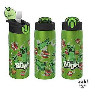 Zak Designs Minecraft Water Bottle for Travel and At Home, 19 oz Vacuum Insulated Stainless Steel with Locking Spout Cover, Built-In Carrying Loop, Leak-Proof Design (Creeper)