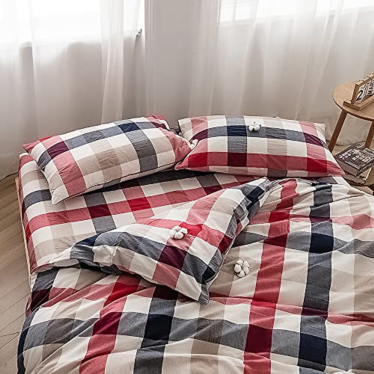 FACE TWO FACE Bedding Duvet Cover Set 3 Pieces 100% Washed Cotton Duvet Cover Linen Like Textured Breathable Durable Soft Comfy (Queen, Blue red Grid)