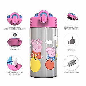 Zak Designs Peppa Pig 15.5oz Stainless Steel Kids Water Bottle with Flip-up Straw Spout - BPA Free Durable Design, Peppa Pig SS, Single Wall