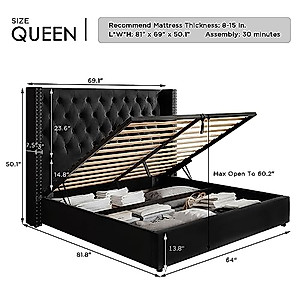 PaPaJet Lift Up Storage Bed Queen Size Upholstered Platform Bed Frame Button Tufted Wingback Headboard Hydraulic Lifting Storage Underneath/Wood Slats Support/Easy Assembly/Black
