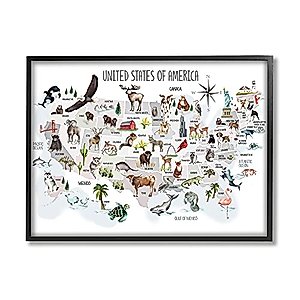 Stupell Industries United States of America Map of Animals Kid's Illustration, Designed by Studio Q Black Framed Wall Art, 11 x 14, Brown