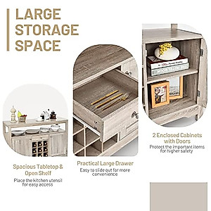 ReunionG Buffet Sideboard, Wine Console Table, Wooden Kitchen Organizer w/2 Cabinets, 1 Drawer and 9 Wine Cabinets, Farmhouse Storage Cupboard, Wine Rack, Server Table, Dining Room Furniture (Gray)