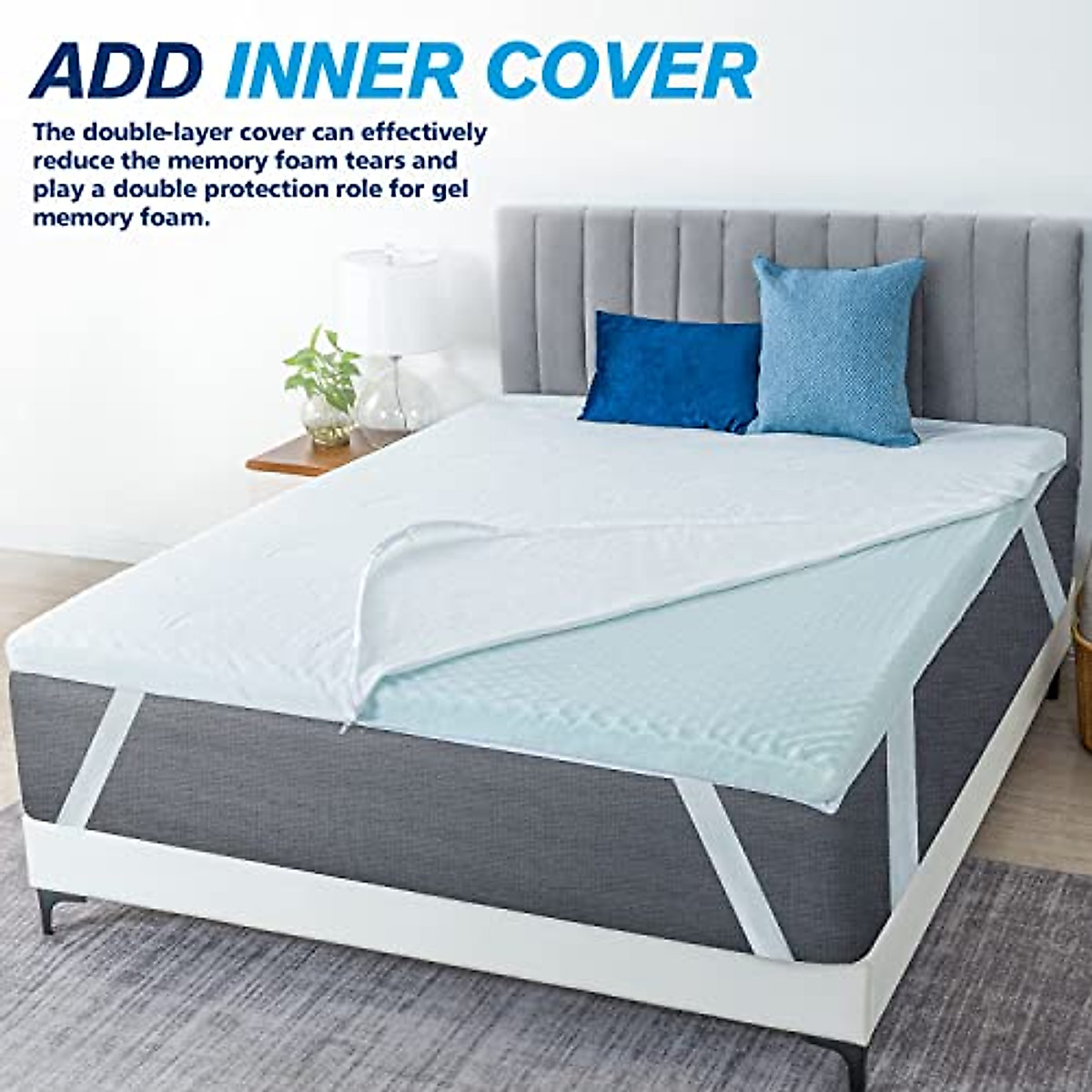 Memory Foam Mattress Topper King, Marine Moon 3 Inch Cooling Gel-Infused Egg Crate Foam Bed Topper Pad, Supportive & Pressure Relieving with Soft Cover for King Size Bed