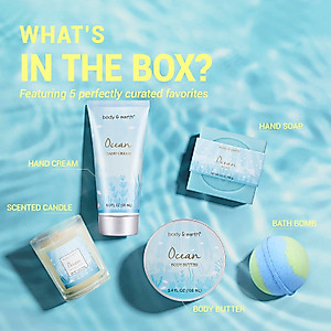 Spa Gifts for Women,Bath Set with Ocean Scented Spa Gifts Box for Her,Includes Scented Candle,Body Butter,Hand Cream,Bath Bar and Bomb,5 Pcs Bath Set,Gifts Set for Women,Mom,Mother's Day Gifts