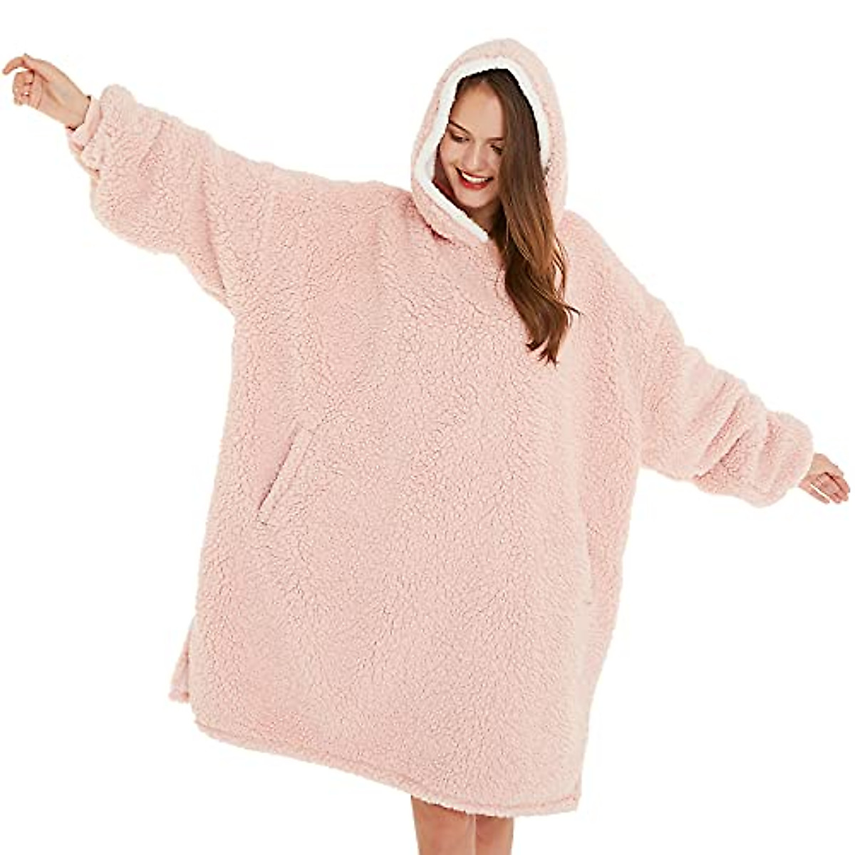 LetsFunny Oversized Blanket Sweatshirt, Plush Wearable Blanket with Pocket, Super Warm Cozy Sweatshirt Hooded Blanket for Adult Women Men Teens, One Size Fits All (Light Pink, Adult)