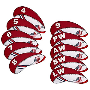 BIG TEETH Golf Iron Head Covers 10Pcs Neoprene USA Flag Golf Club Protector Multi Color Golf Club Protector (Red)