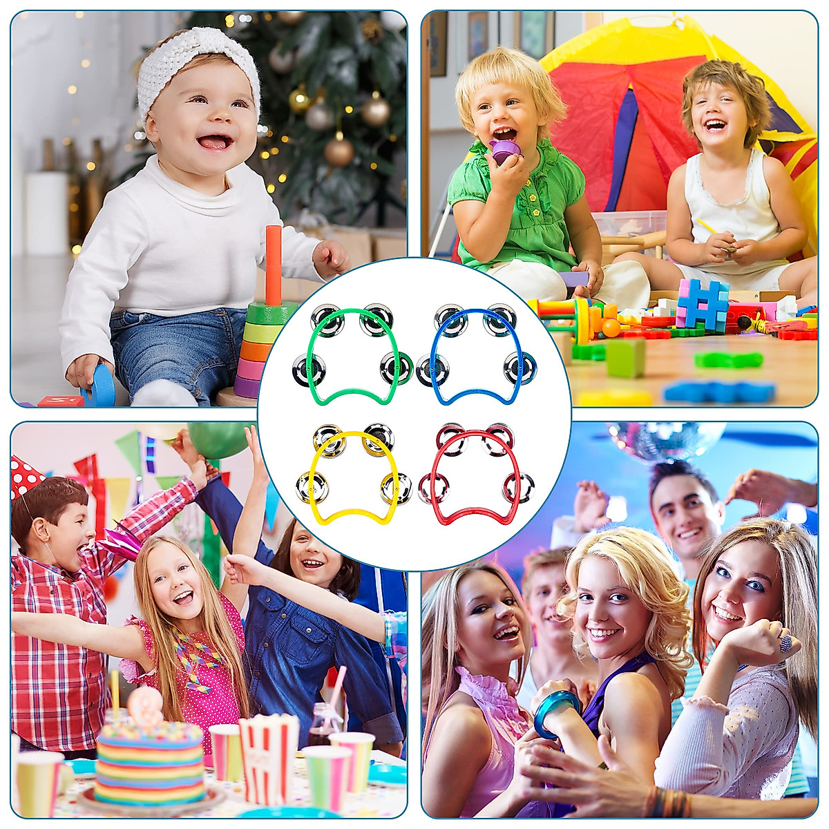 MOTZU 4 Pack Plastic Musical Percussion Tambourines, Dual Alloy Recording Combo Tambourine, Cutaway Half Blossom with 4 Bells Comfortable Teaching Toys, Multicolour