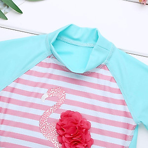 FEESHOW Kids Baby Girls Two Piece Rash Guard Swimsuit Flamingo Printed Shirt Top with Bottom UPF 50+ Sun Protection Swimwear Lake Blue&Pink 18-24 Months