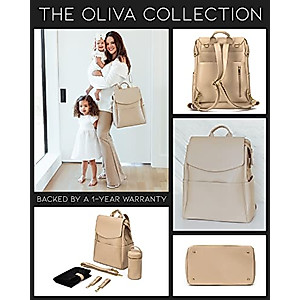 MIA + SOPHIA Leather Diaper Bag Backpack with Changing Pad, Stroller Straps, Bottle Holder (Beige Olivia)