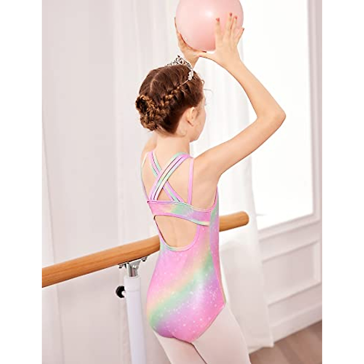 Arshiner Girls Sleeveless Gymnastics Ballet Dance Leotard Cross Strap Leotards Cute Pink Rainbow 10 3-4T1 Years