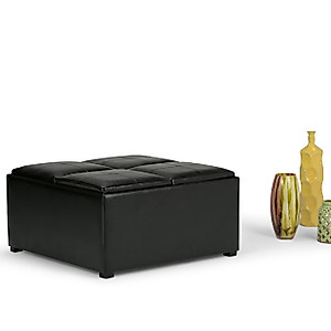 SIMPLIHOME Avalon Wide Contemporary Square Coffee Table Storage Ottoman Vegan Faux Leather, Assembled, for The Living Room and Bedroom, 35 inch, Midnight Black