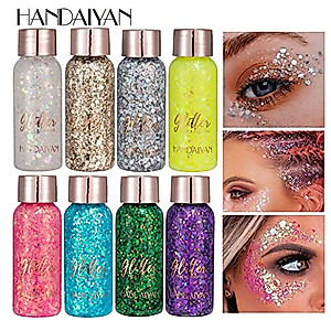 3 Pack HANDAIYAN Holographic Body Glitter Gel Nail Hair Body Face Eye Shadow Mermaid Sequins Chunky Glitter Festival Glitter Makeup for Body, Face, Hair Makeup (Set A)