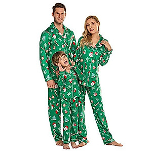 Ekouaer Womens Pajama Sets for Christmas Santa Claus Family Pjs Sets Button Up Classic Nightwear (Women/Green,L)