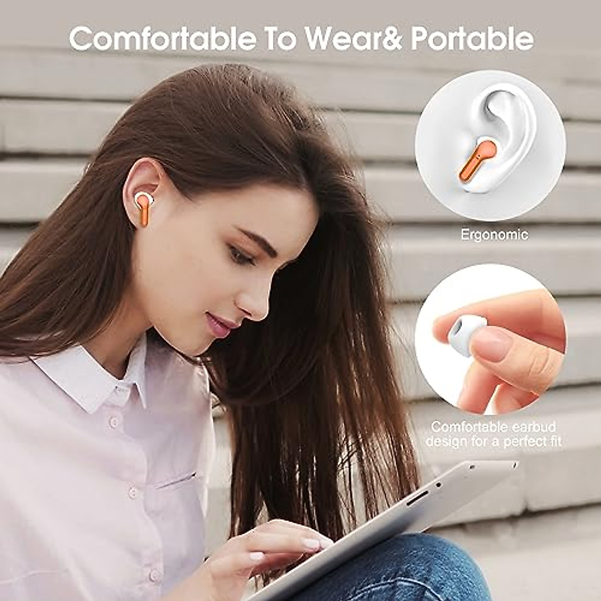 Wireless Earbuds, Bluetooth 5.3 Headphones with 4 ENC Noise Cancelling Mic, Bluetooth Earbuds 40H Playtime , Wireless Headphones in ear Earphones Deep Bass Stereo, LED Display, IP7 Waterproof, Orange