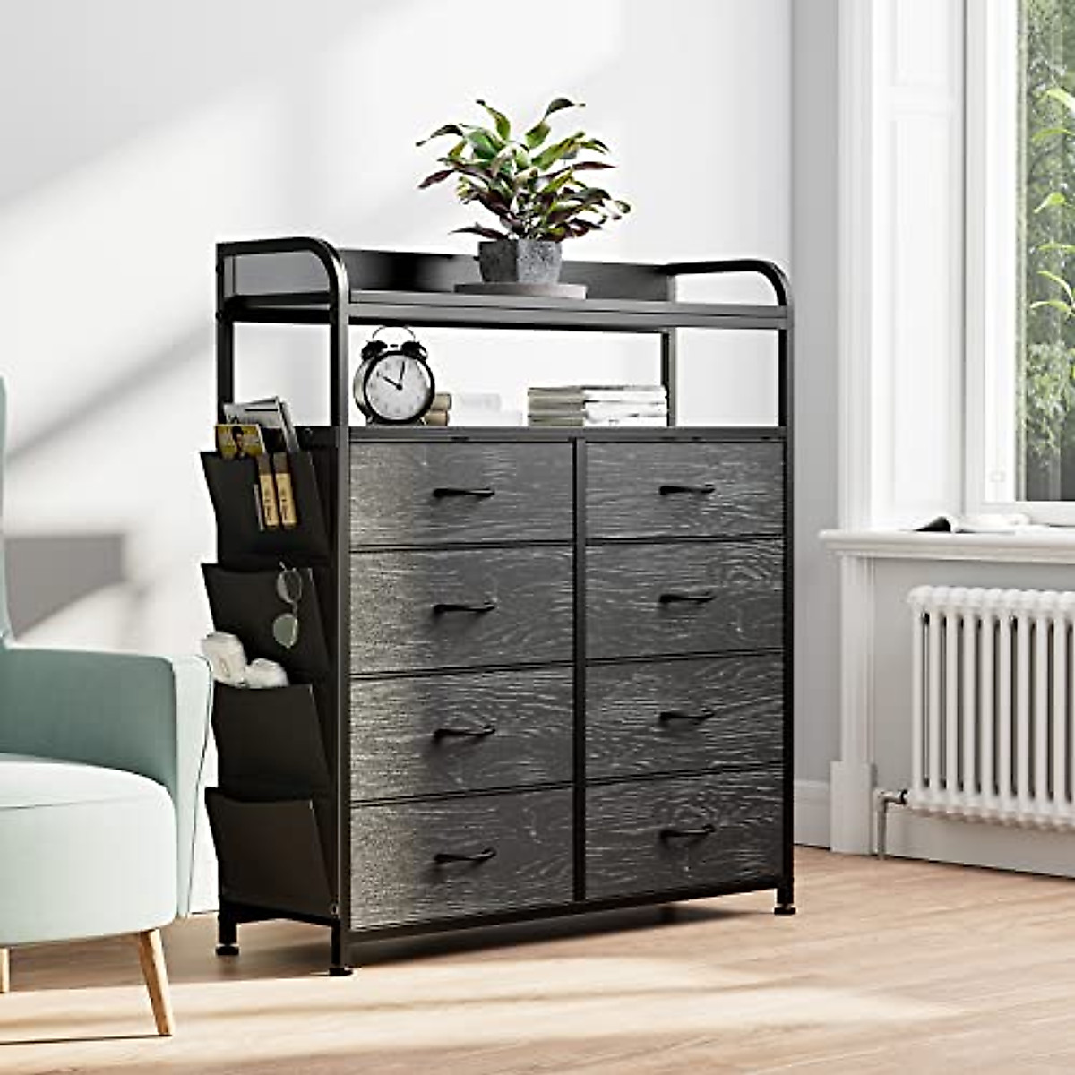 Lulive 8 Drawer Dresser with Shelves, Chest of Drawers for Bedroom with Side Pockets and Hooks Fabric Storage Tower Organizer for Nursery Hallway, Closet, Wood Top (Charcoal Black), (Dressers-HI1349)