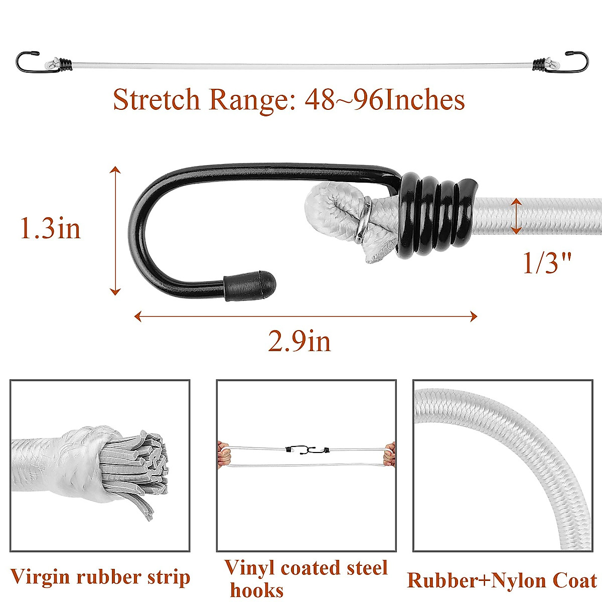 ZHOUBIN 48 inch White Bungee Cords with Hooks, 2 Pack