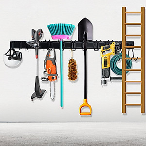 Sinoer Garage Garden Tool Organizer Wall Mount, Tool Storage Rack with 12 Hooks with 2 Straps, for Trimmers, Hoses,Garden Tools, Chairs