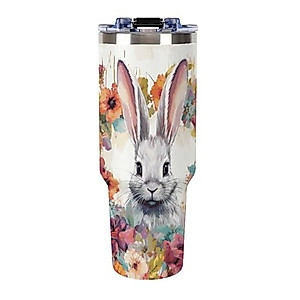 40 Oz Vacuum Tumbler with Black Handle Leakproof Insulated Tumbler Watercolor Rabbit And Flowers Stainless Steel Travel Mug with Lid And Straw Coffee Cup Cute Water Bottles Cup Holder Friendly