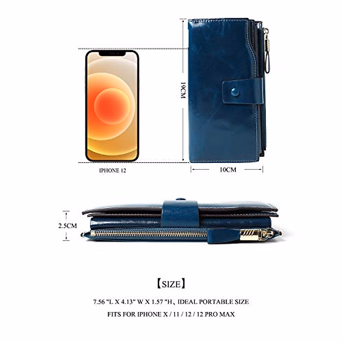 Demon&Hunter Women's RFID Blocking Large Capacity Luxury Wax Genuine Leather Purse Wallet Sapphire Blue DZA2083U