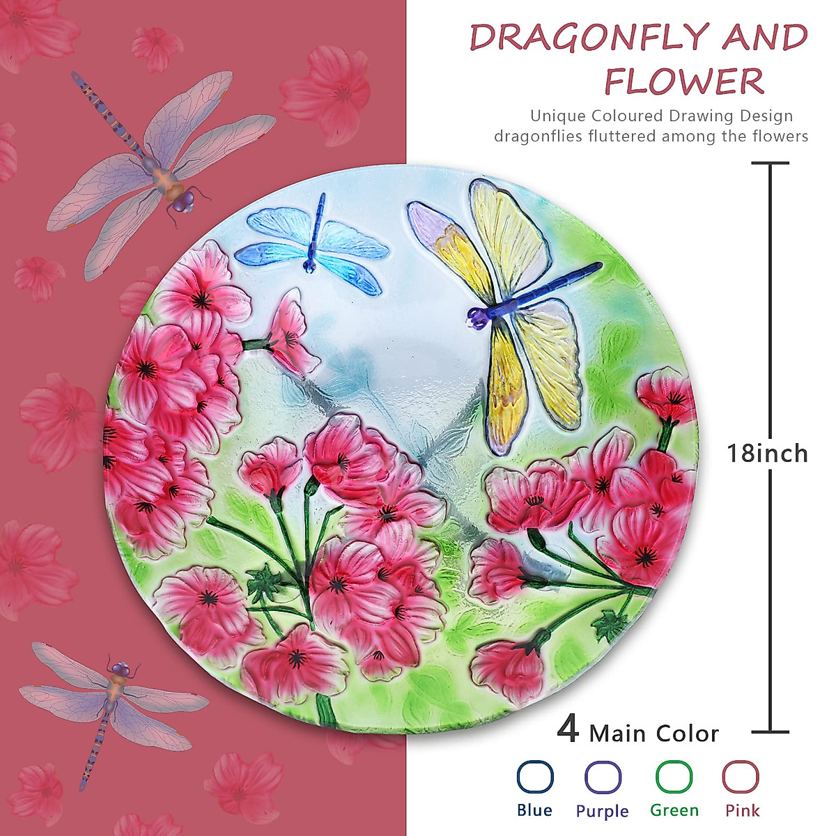 MUMTOP Bird Bath-Bird Baths for Outdoors - Dragonfly Large Bird Bath Bowl with Metal Stand, Glass BirdBaths for The Garden Lawn Yard Decor