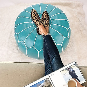 zefen Leather Pouf Unstuffed Ottoman - Moroccan Ottoman Footstool, Upholstered Pouf Futon Chair - Boho Decor for Living Room Furniture, Bedroom, Kids Room - Boho Home Gift Idea Wedding Poufs (Blue)