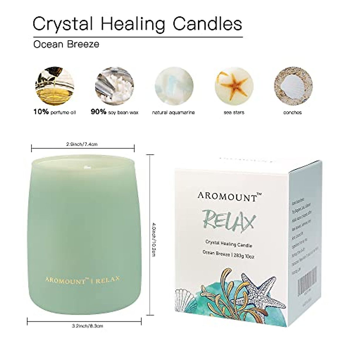 Ocean Breeze Scented Candle with Crystal Inside, Healing Aquamarine Crystal Candle with Sea Star & Conch Decors, 10oz Soy Wax 55 Hours Long Lasting Burn, Perfect Spiritual Aromatherapy Gift | Relax