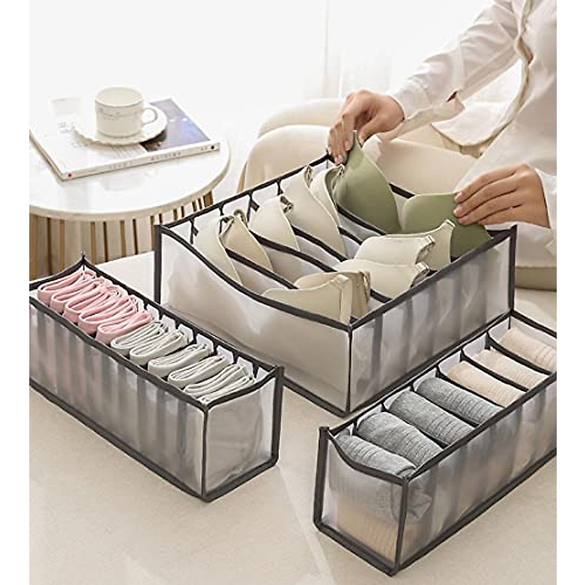 CHLD Underwear Drawer Organizer Set- Foldable Underwear Storage Divider Boxes for Clothes, Socks, Underwear and Bras (Grey)