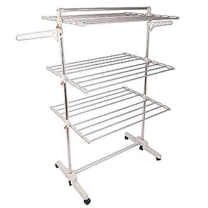 Launtree Laundry Drying Rack Collapsible Rolling Garment Hanger Foldable Space Saving Vertical Storage X-Large Stainless Steel Metal Frame Heavy Duty Thicker Top Pipe Structure Made in Korea