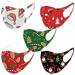 5PCS Black Face Mask Covers with Elastic Ear Loop Cover Full Face Anti-Dust, Unisex, Washable, Breathable, and Reusable (Adults Christmas)