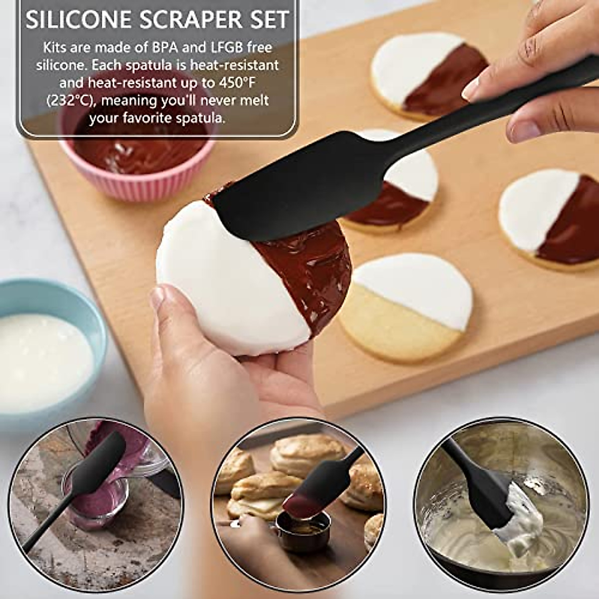 MEKBOK Silicone Spoon Spatula Set,(3 pieces)-Heat-resistant non-stick flexible rubber spatula set, Cooking Mixing Baking Kitchen Utensils Set of (black)