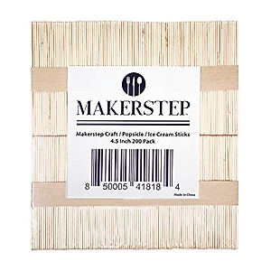 Makerstep 200 Natural Wood Craft, Popsicle Sticks for Crafts 4.5 Inch, Waxing Spatulas, Epoxy Resin Stirring, Ice Cream Candy Making and Garden Markers. Smooth, Splinter-Free, Wooden Wax Sticks