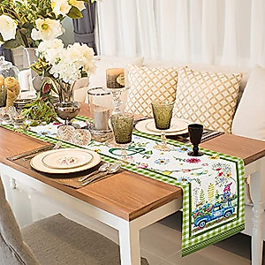 Spring Table Runner, Hello Spring Table Runners 72 Inches Long, Blue Truck with Gnomes Seasonal Runner, Flowers Blossoms Green Buffalo Plaid Small Coffee Table Cloth for Home Dining Room