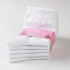 COTTON DAY Girls White Dressy Textured Short Socks Scallop Top Butterfly Design 6-8 Years Size M (8)