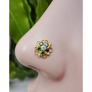 Emerald Nose Stud Crock Screw Flower Ring Gold Unique Indian Piercing CZ Simulated Diamond Jewelry, Green,White,Emerald