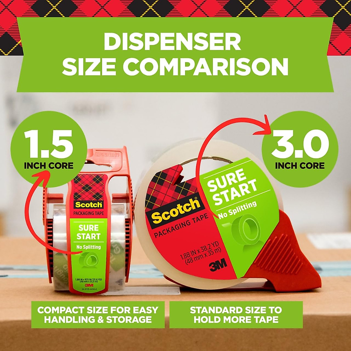 Scotch Sure Start Shipping Packaging Tape, 1.88" x 25 yd, Designed for Packing, Shipping and Mailing, No Splitting or Tearing, 1.5" Core, Clear, 6 Rolls (DP-1000RF6)
