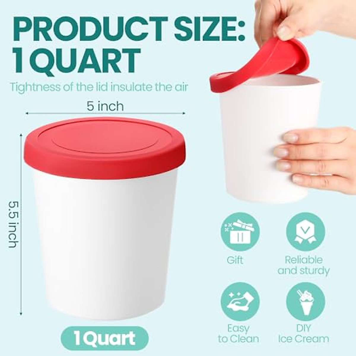 Tioncy 6 Pcs Ice Cream Containers 1 Quart Freezer Storage Tubs with Lids Reusable Round Ice Cream Tub for Homemade Ice Cream Sorbet Gelato Yogurt Storage (Red)