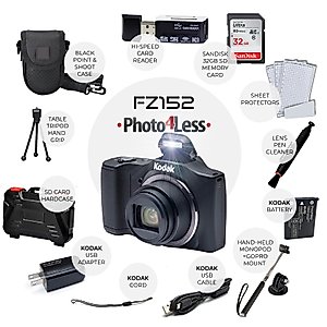 Kodak PIXPRO FZ152 Digital Camera + 32GB Memory Card + Point and Shoot Camera Case + Extendable Monopod + Lens Cleaning Pen + LCD Screen Protectors + Table Top Tripod – Ultimate Bundle