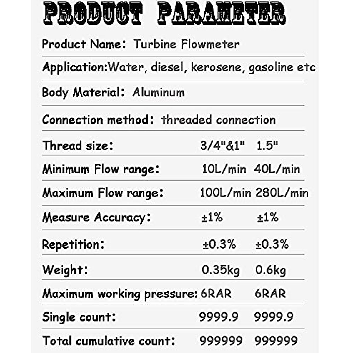 Turbine Flow Meter Electronic 3/4" 3/4 inch 10-100L/Min Oil Flowmeter Kerosene Gas Methanol Diesel Fuel Flow Digital Meter Oval Gear Gauge LCD BSPT/NPT with Battery
