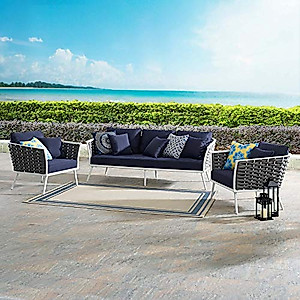 Modway EEI-3165-WHI-NAV-SET Stance Outdoor Patio Aluminum, Sofa and Two Armchairs, White Navy