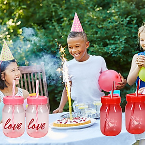 GCM Valentine's Day Plastic Pint Jar Tumbler with Lids & Straw 16oz Red Pink Reusable Cups for Kids Adults Drinking Cup Water Smoothies Juice Bottle Indoor Outdoor Use & Gifts Set of 2 Designs Vary