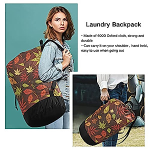 Autumn Fall Leaves Thanksgiving Laundry Bag Heavy Duty Laundry Backpack with Shoulder Straps Handles Travel Laundry bag Drawstring Closure Dirty Clothes Organizer For Home Apartment College Travel