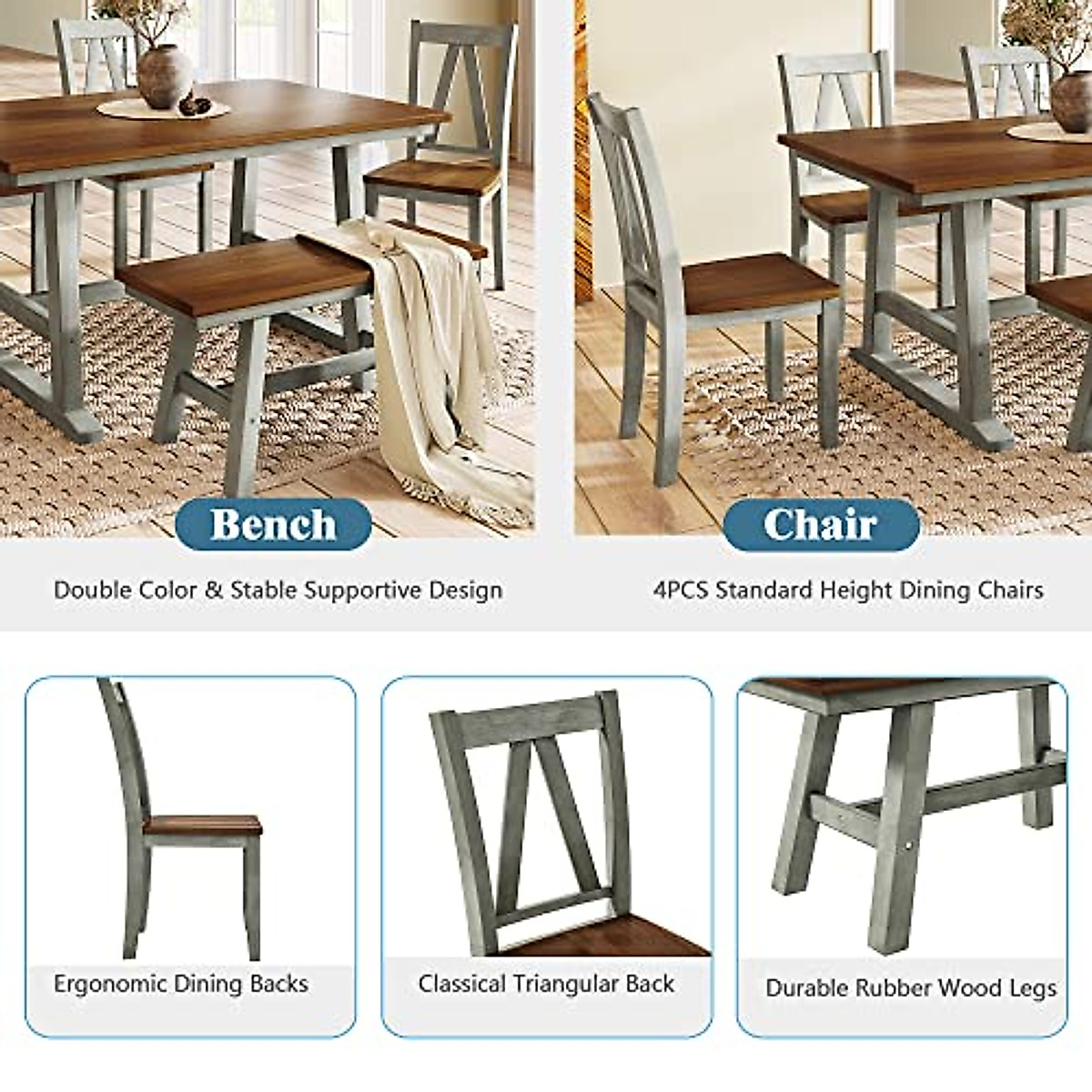 Harper & Bright Designs 6-Piece Dining Set, Farmhouse Style Wood Dining Table and 4 Dining Chairs & Long Bench, Kitchen Table Set, Walnut+Gray