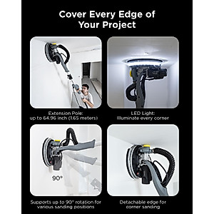 Drywall Sander with Vacuum Dust Collector, 820W DIY Popcorn Ceiling Removal Tool with Shoulder Strap, 600-1900RPM ETL Certified Electric Drywall Sander with 4 Vacuum Adapters, Aluminum Oxide Sandpaper