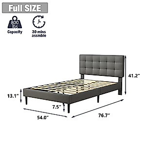 UNIZONE Full Size Upholstered Bed Frame with Tufted Headboard, Platform Bed with Linen Fabric Headboard, Wood Slats Support, Mattress Foundation, No Box Spring Needed, Easy Assembly, Modern, Dark Gray