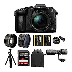 Panasonic Lumix G85 4K Mirrorless Camera with G Vario 12-60mm Lens Bundle with Microphone Mountable, 128GB SD Card, Battery and Dual Charger, Backpack, 58mm Lens Set and Tripod (7 Items)
